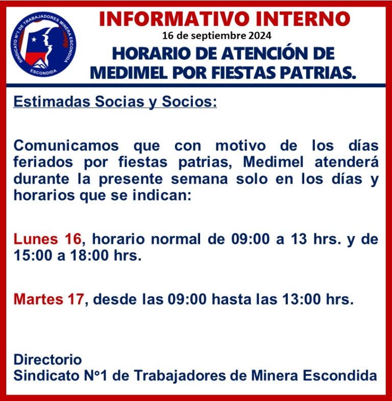 HORARIO DE ATENCIÓN DE MEDIMEL POR FIESTAS PATRIAS – Sindicato N°1 de ...